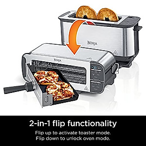Ninja ST101 Foodi 2-in-1 Flip Toaster, 2-Slice Capacity, Compact Toaster Oven, Snack Maker, Reheat, Defrost, 1500 Watts, Stainless Steel
