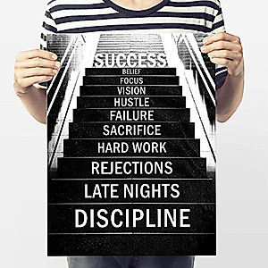 Motivational Wall Art Decor with Hanger - Inspirational Growth Positive Mindset Quotes - Office Decor Artwork Inspiring Success Affirmations - Money Hustle Pictures (Success Stairs) | 12''x16''