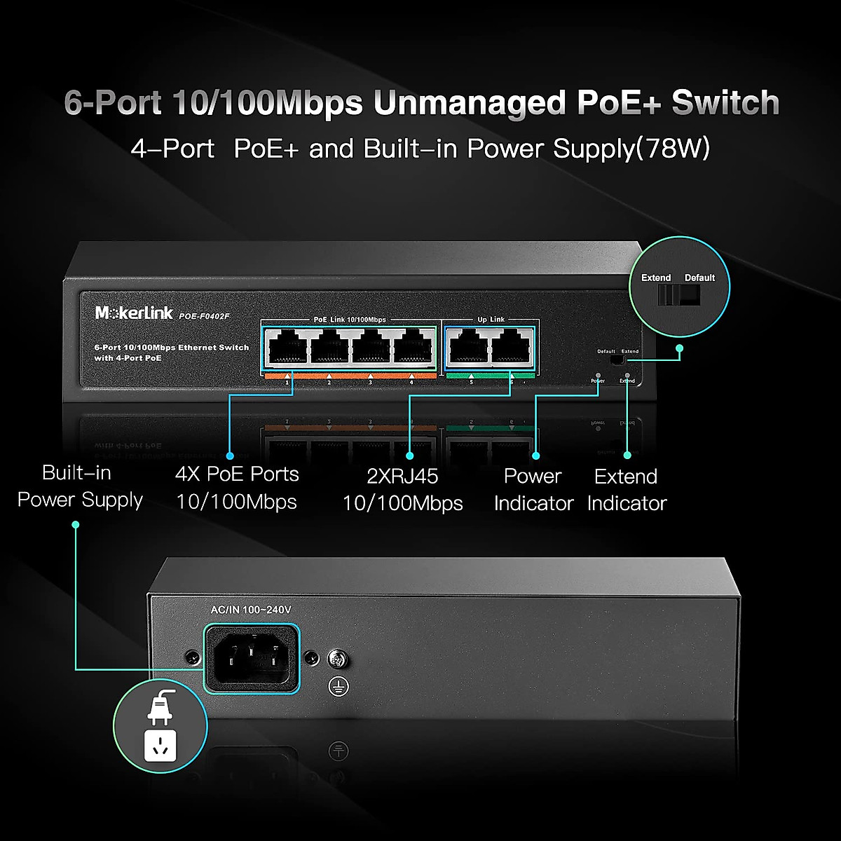 MokerLink 6 Port PoE Switch with 4 Ports PoE+, 2 Fast Ethernet Uplink, 10/100Mbps, 78W High Power, Support IEEE802.3af/at, Fanless Metal Plug & Play PoE+ Network Switch