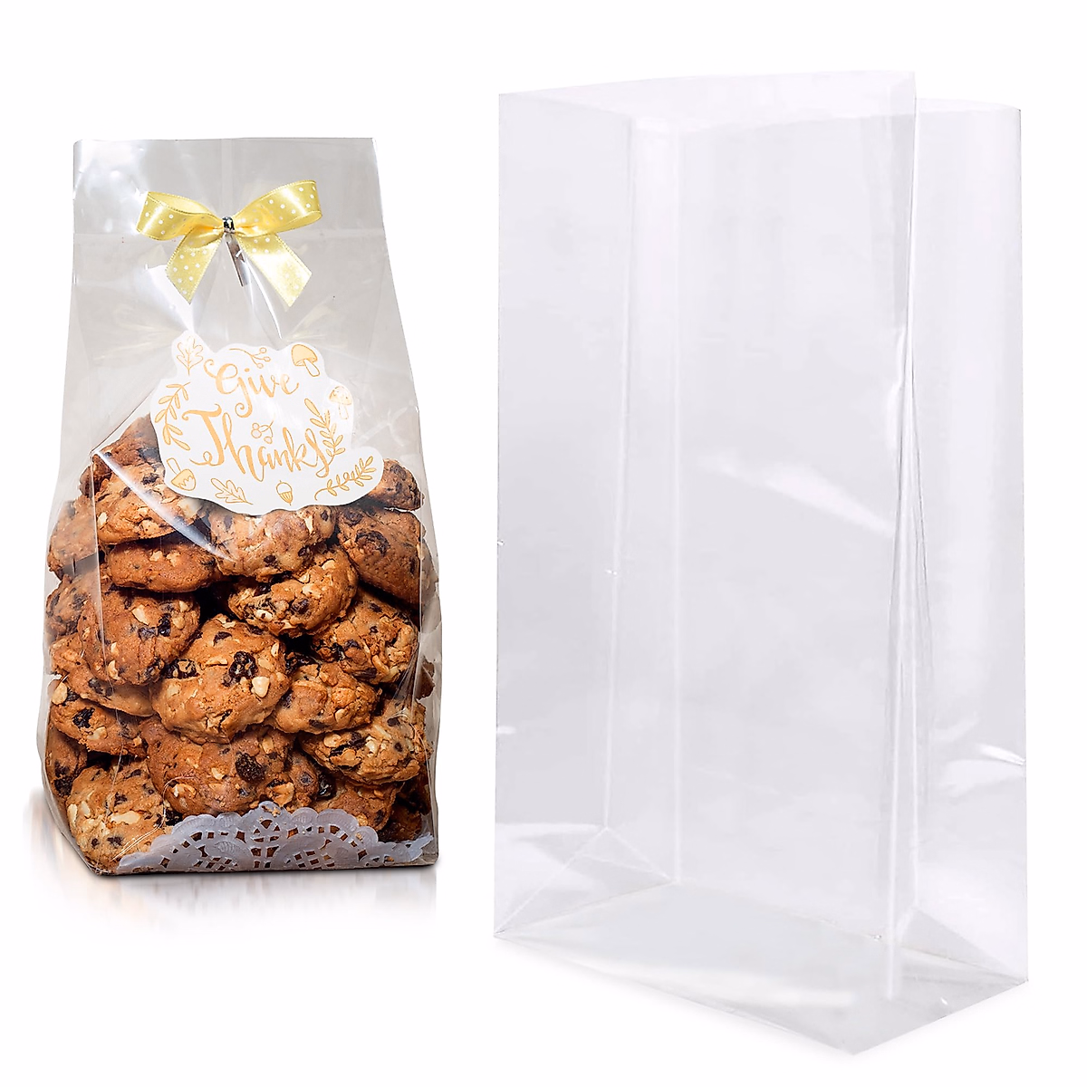 APQ Clear Gusseted Poly Bags, 4 x 2 x 10 Inch. Pack of 100 Gusseted Plastic Bags 1 Mil Thick for Favors with Open Top. Clear Plastic Bags for Packaging Cookies, Popcorn, Candies, Homemade Bread