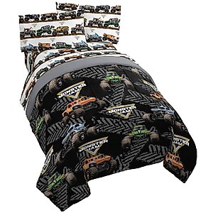 Jay Franco Monster Jam Tracks 5 Piece Full Bed Set - Includes Comforter & Sheet Set - Bedding Features Grave Digger &,Megalodon - Super Soft Fade Resistant Microfiber (Official Monster Jam Product)