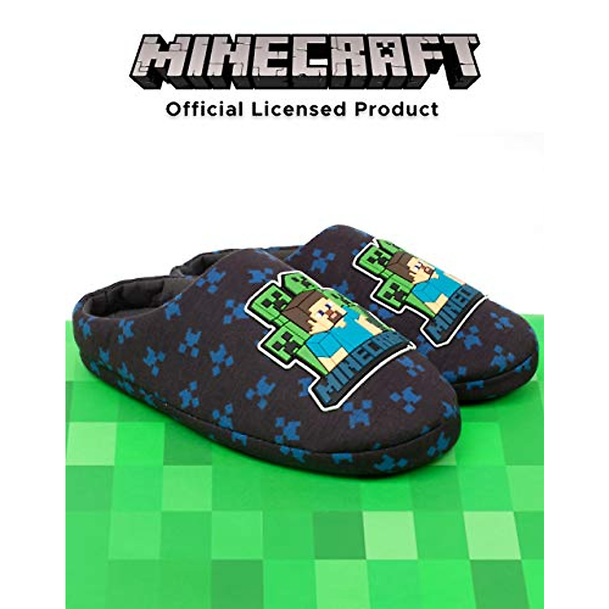 Minecraft Slippers Boys Kids Blue Creeper vs Zombie TNT House Shoes 2.5 US