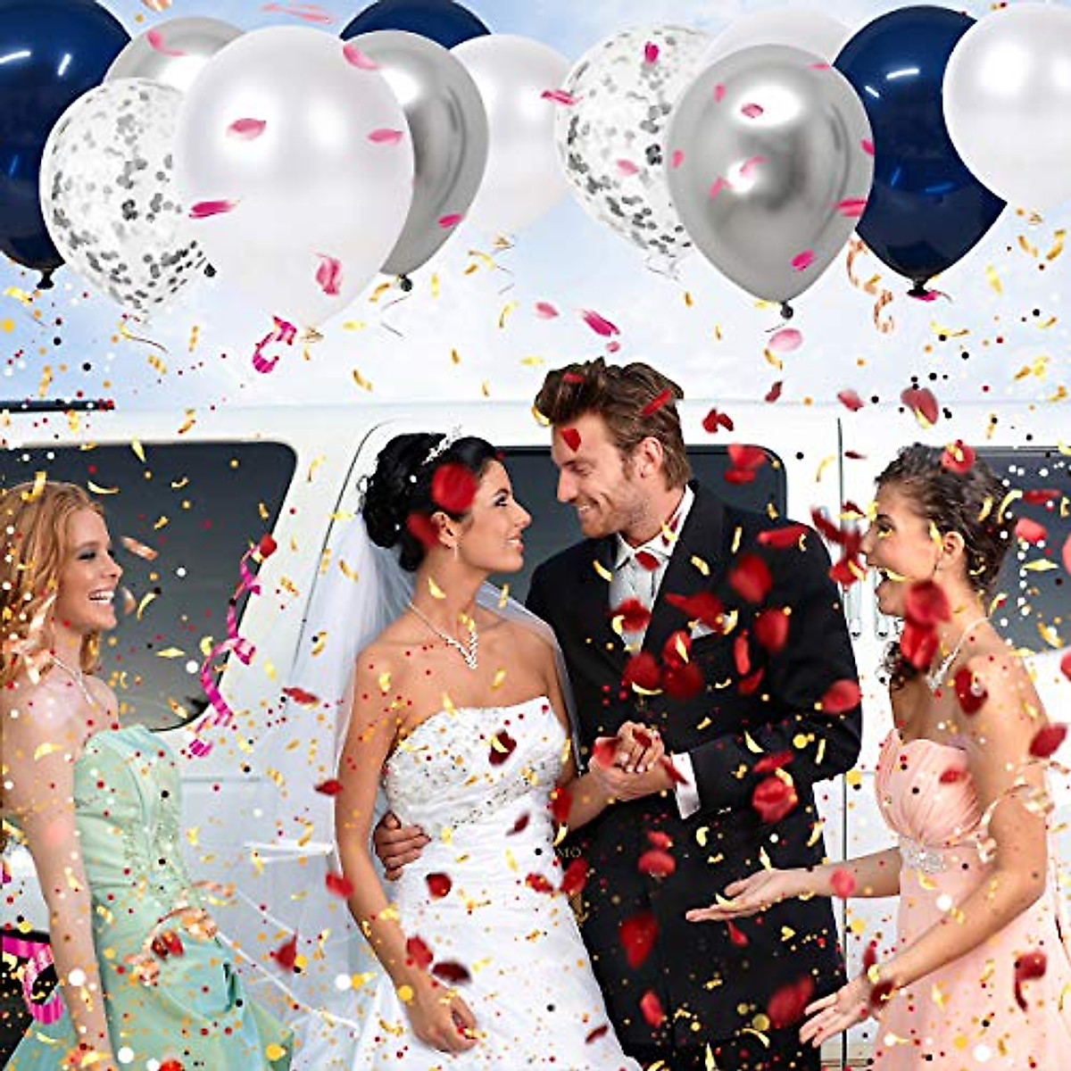 Navy Blue and Silver Confetti Balloons 50 pcs, 12 inch White Pearl and Silver Metallic Chrome Party Balloons for 2022 Graduation Party Decorations