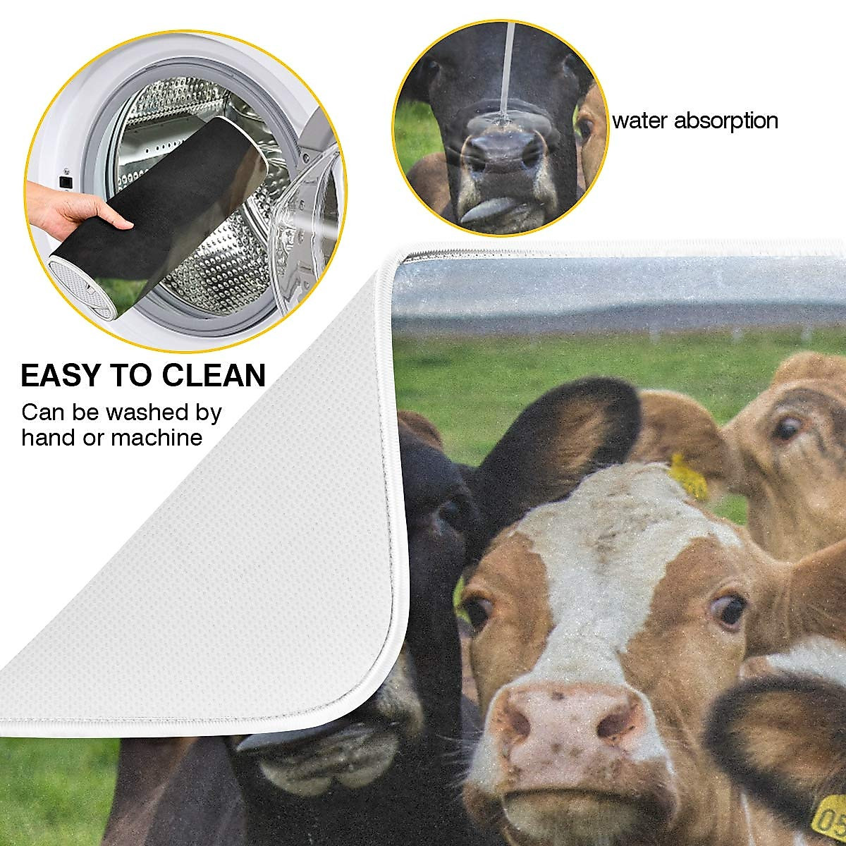 Kitchen Dish Drying Mat Farm Animal Cow Cattle Absorbent Washable Dish Drying Pad Drainer Rack Mat Heat Resistant Counter Protector for Glass Plate Cup Pan 18x24in