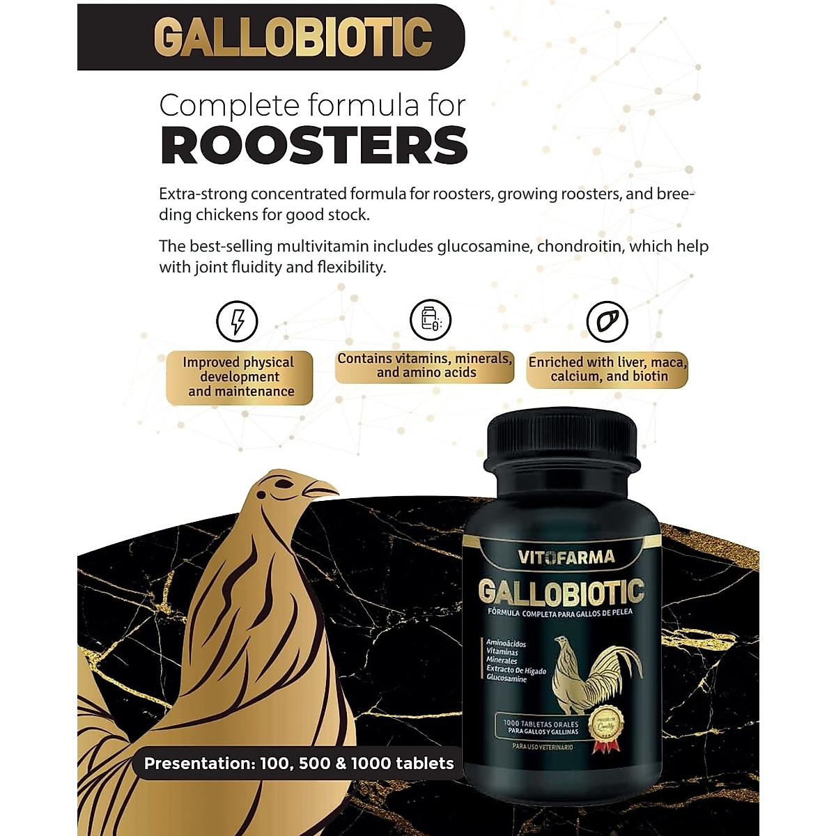 VITOFARMA Gallobiotic Natural Multivitamin for Rooster, Hens - 100 Tablets | Vitamina Completas para Gallos