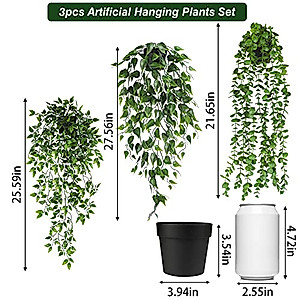 JPSOR 3pcs Fake Hanging Plants, Artificial Hanging Plants Kit, Potted Greenery Faux Eucalyptus Vine Golden Pothos Mandala Vine in Black Pot for Wall Room Patio Office Table Decor