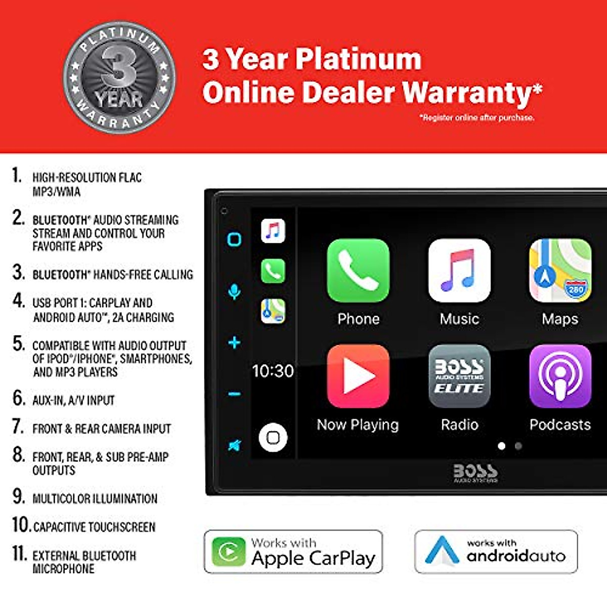 BOSS Audio Systems Elite Series BE950WCPA Wireless Apple CarPlay Android Auto Car Multimedia Player - 6.75 Inch Capacitive Touchscreen, Bluetooth, No DVD, Multicolor Illumination, High Resolution FLAC