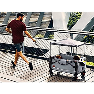 EVER ADVANCED Foldable into Bag Travel Wagon Stroller for 2 Kids & Cargo, Collapsible Toddler Wagon with Removable Canopy, Adjustable 5-Point Harness, Lightweight Carry-on Stroller for Airplane Grey