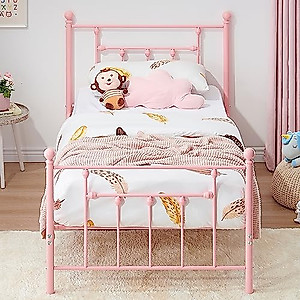 VECELO Twin Size Metal Platform Bed Frame for Girls Kids Adults, with Headboard and Footboard/No Box Spring Needed Mattress Foundation, Festival Gift Birthday Present, Pink