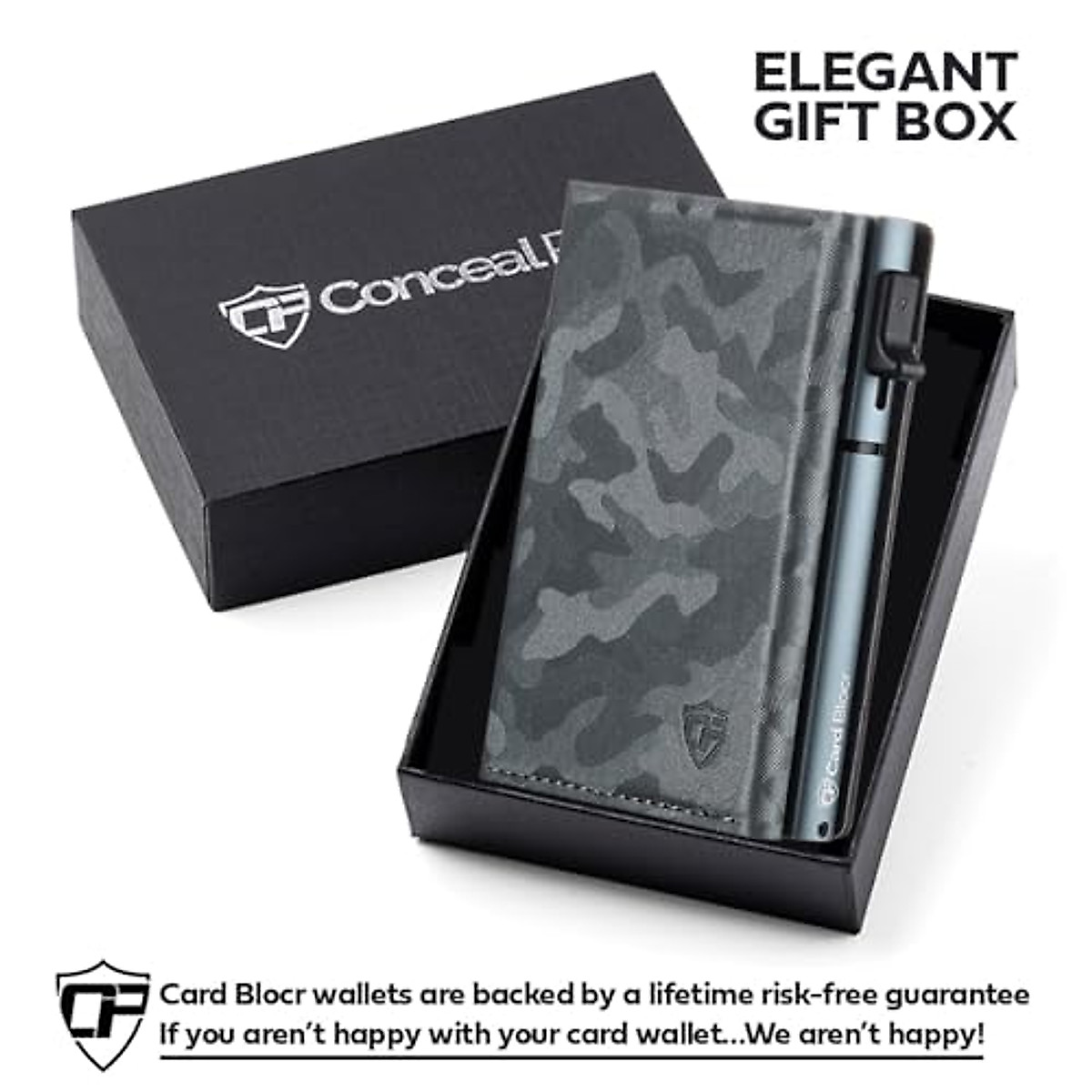 Conceal Plus Slide Up Wallet for Men, Secure Scan Proof Wallet with Pop Up Card Wallet Once Click Acess - Makes a Great Gift or Travel Wallet (Gray PU Camo & Titanium Metal)
