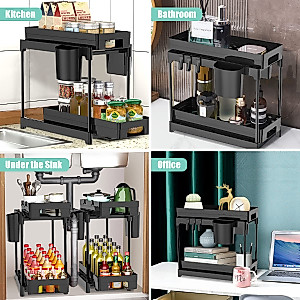 2Pack Under Sink Organizers and Storage Double Sliding,2 Tier Pull Out Cabinet Organizer Bathroom Storage Organizer with Hooks Hanging Cups Dividers,Under Sink Storage for Bathroom Kitchen Countertop
