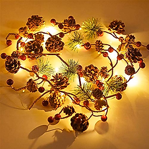 FUNPENY Christmas PineCones String Lights, 6.56Ft 20 LED Pine Needles Red Berries Fall Light Garland, Indoor Outdoor Decor for Thanksgiving Christmas Autumn Themed Party Decorations
