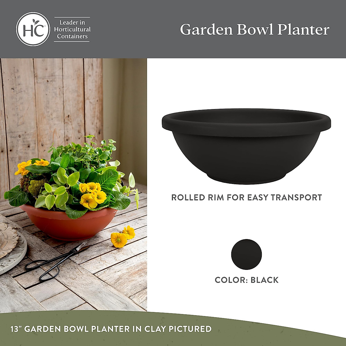 The HC Companies Shallow Planter with Drainage - Contemporary Garden Bowl Planter for Flowers, Herbs & More - Round Succulent Planter Pot for Indoors and Outdoors (20" Black, Pack of 1)