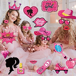 Kristin Paradise 25Pcs Hot Pink Photo Booth Props for Girls Women, Birthday Bachelorette Bridal Shower Theme Selfie Props, Princess Doll Party Supplies, Photography Backdrop Decorations
