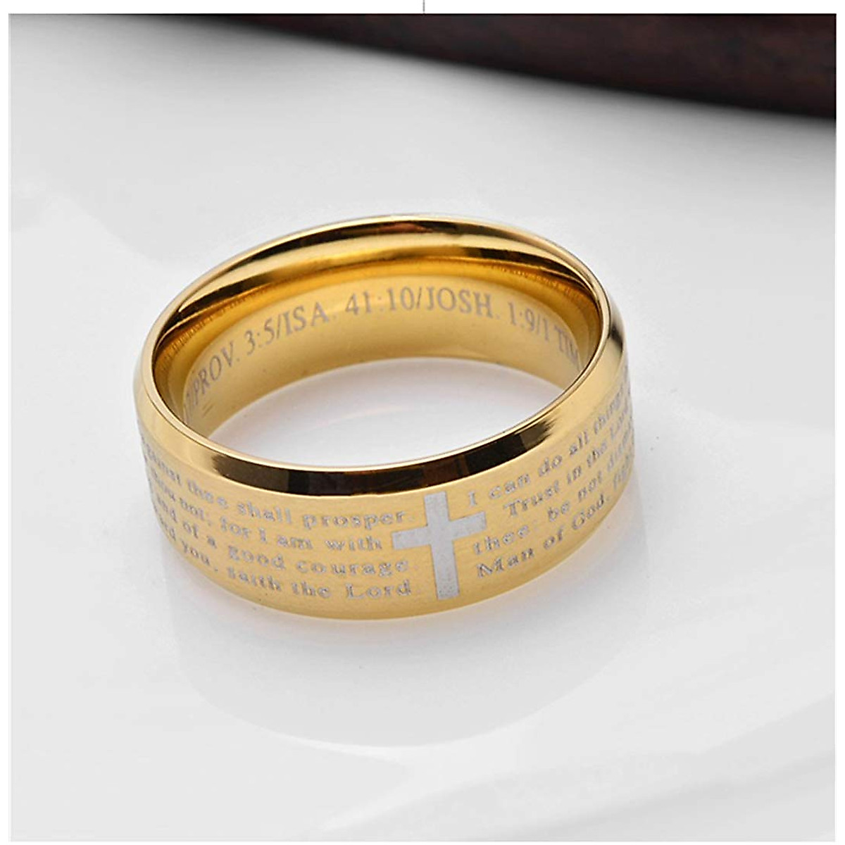 Rinspyre 8MM Stainless Steel Cross Rings for Men Women Bible Verse Philippians 4:13 Jewelry Wedding Bands Silver/Black/Gold (Gold, 6)