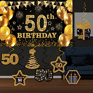 50th Birthday Decorations for Men Women,16PCS 50th birthday banner Party Decorations ,Including Happy 50th Birthday Banner,50 Anniversary Card,Cheers to 50 years banner,7 Hanging Swirl,6 paper Poms