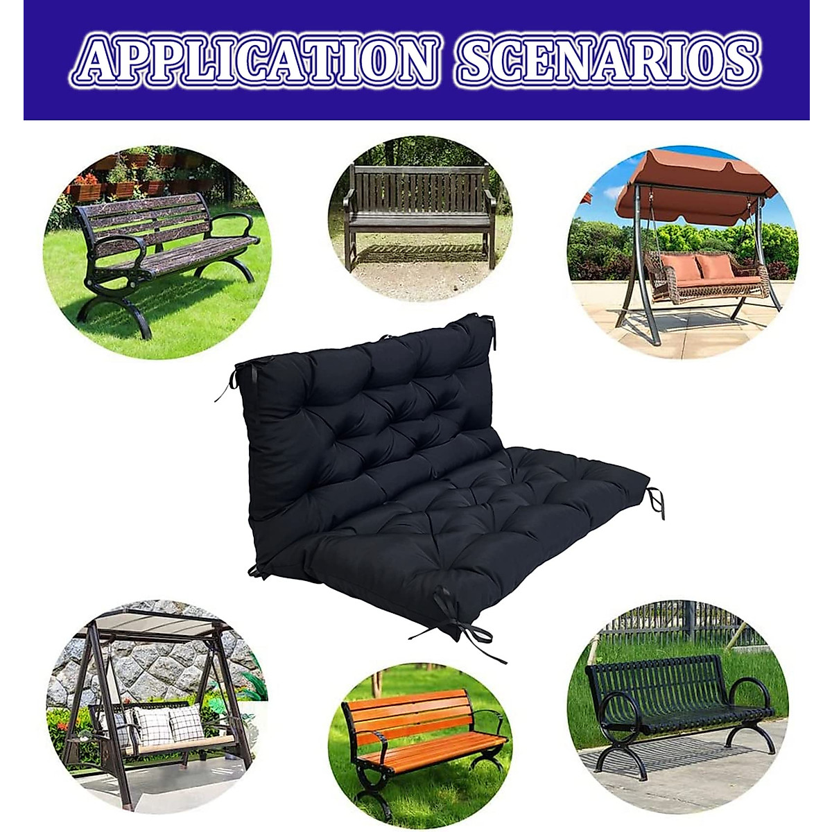 Boaisdus Porch Swing Cushions Outdoor Black 55 inch Waterproof Swing Cushions 3 Seater Replacement Thicken 4" Outdoor Swing Cushions with Ties for Outdoor Patio Garden Furniture Swing Cushions