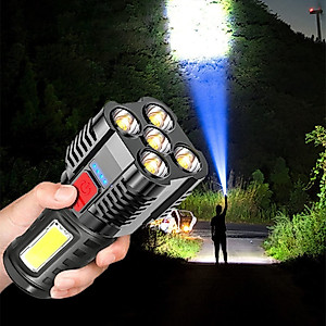 Five Explosion LED Flashlight Super Bright Rechargeable Camping Flashlight Table Lamp 4 Modes with COB Work Light, IPX6 Waterproof, Powerful Handheld Flash Light for Emergencies, Camping, Hiking