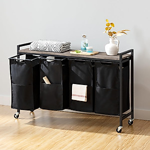 HOOBRO Laundry Sorter 4 Sections, Laundry Hamper with Wheels, 4 × 10.5 Gal (39.8L), Rolling Laundry Basket, Pull-Out and Removable Oxford Fabric Laundry Bags, Greige and Black BG04XY01