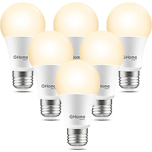 GHome Smart Light Bulbs, E26 A19 LED Bulb Compatible with Alexa & Google Home, App Remote Control, 8W Dimmable 2700K Warm White 800 Lumens, 2.4GHz WiFi, No Hub Required, 6 Pack