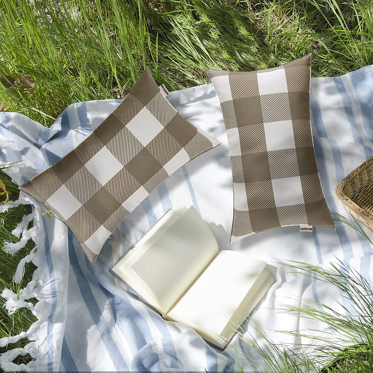 MIULEE Plaids Pillow Covers Checkered Throw Pillow Covers Outdoor Waterproof Decorative Pillowcases Set of 2 for Sofa Couch Living Room Patio Garden 12x20 Inch, Brown and White