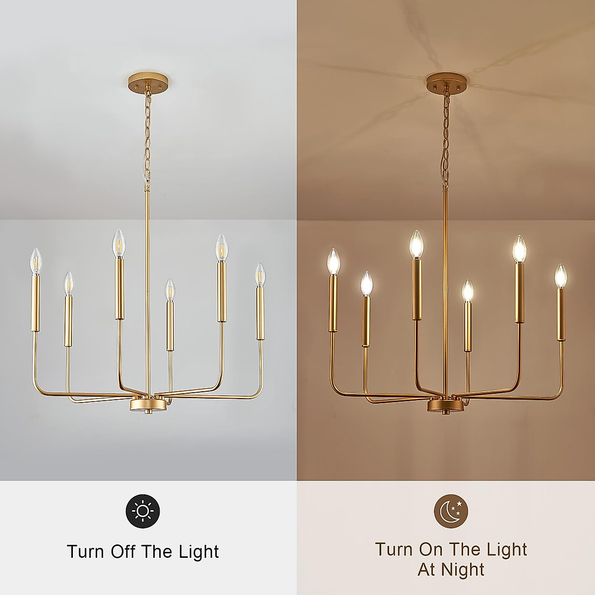 ONESMING Modern Gold Chandelier for Dining Room,Metal 6-Light Kitchen Light Fixtures,Farmhouse Candle Hanging Pendant Light for Living Room Entryway Foyer Bedroom (Bulb Not Included)