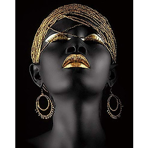African American Wall Art Painting Black Woman Fashion Pop Gold Earrings Necklace Black Set of 4 (8”X10” Canvas Picture) Pretty Girl Room Poster Art Painting Bedroom or Room for Home Decor No Frame