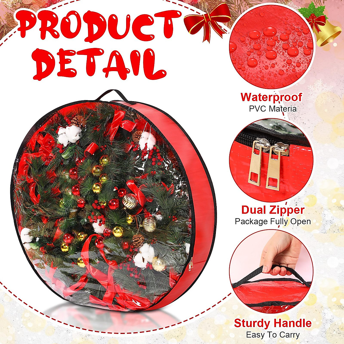 Aliceset 4 Pack Wreath Storage Containers, Christmas Garland Storage Bags with Window and Handles, Durable Christmas Decoration Box Holder for Holiday Xmas(36 x 36 x 7.8 Inch,Red)