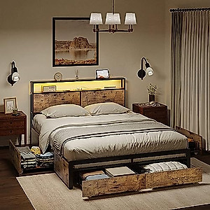 HAUSOURCE Queen Bed Frame with Storage Headboard and 4 Drawers LED Lights Metal Platform Non-Slip Without Noise Mattress Foundation Strong Metal Slats Support No Box Spring Needed