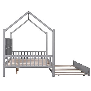 House Bed with Trundle and Storage Shelves, Montessori Bed Full Size Platform Bed Frame with Roof, Tent Bed, Solid Wood Playhouse Bed for Kids Teens Girls Boys (Full Size, Gray)
