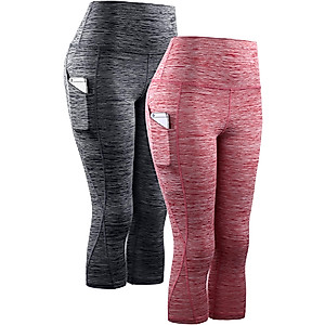 NELEUS Women's 2 Pack Yoga Capris Running Leggings with Pockets,9034,Black,red,S,EU M