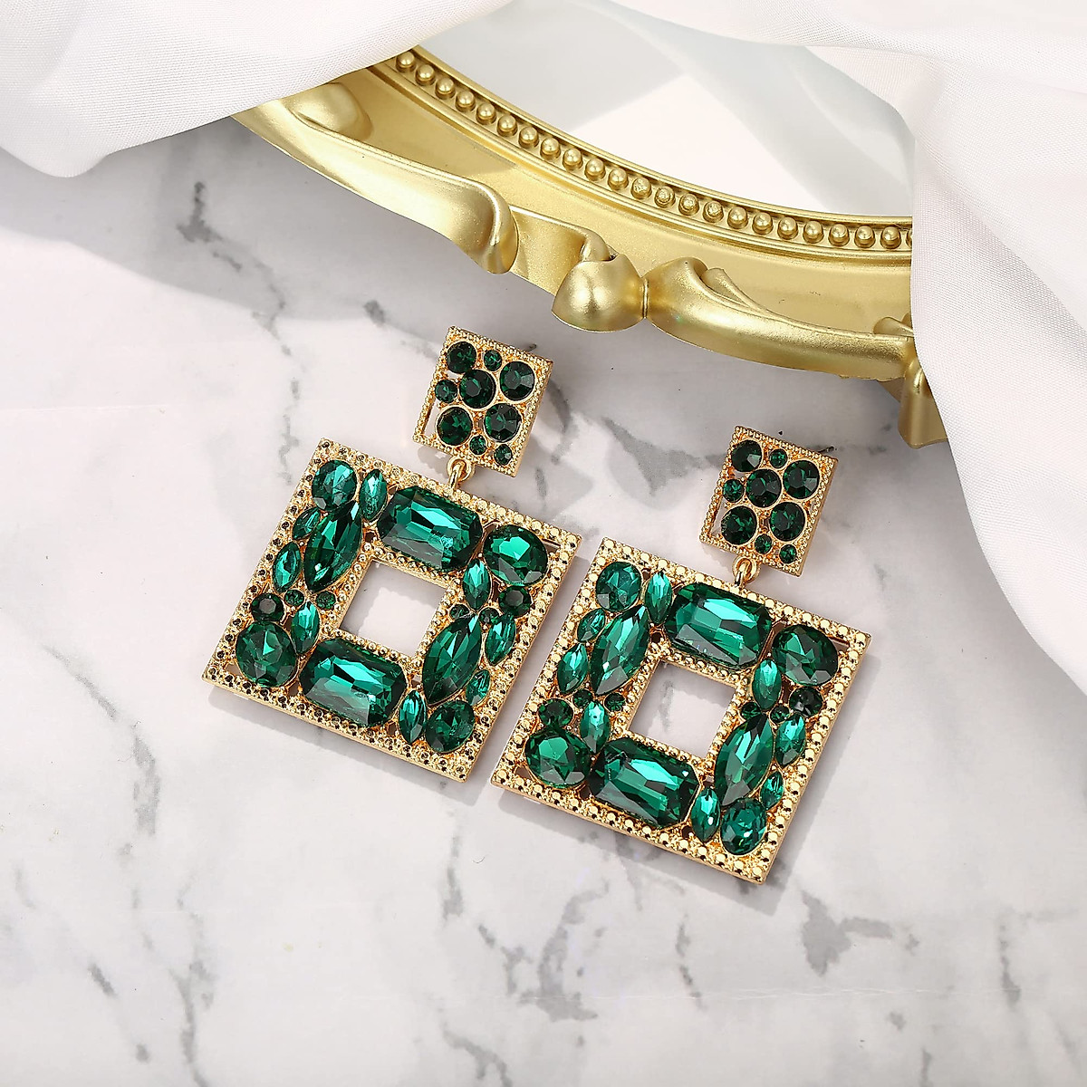 BriLove St Patricks Day Earrings Art Deco Sparkly Rhinestone Geometric Emerald Cut Statement Dangle Earrings for Women Green Gold-Tone