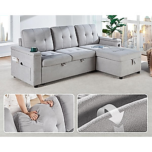 VanAcc Sofa Bed, Modern Tufted Convertible Sleeper Sofa, USB Charging Ports & Cup Holders, Pull Out Couch Bed with Storage Chaise, Chenille Couches for Living Room (Light Grey), 84in x 52in x 36in