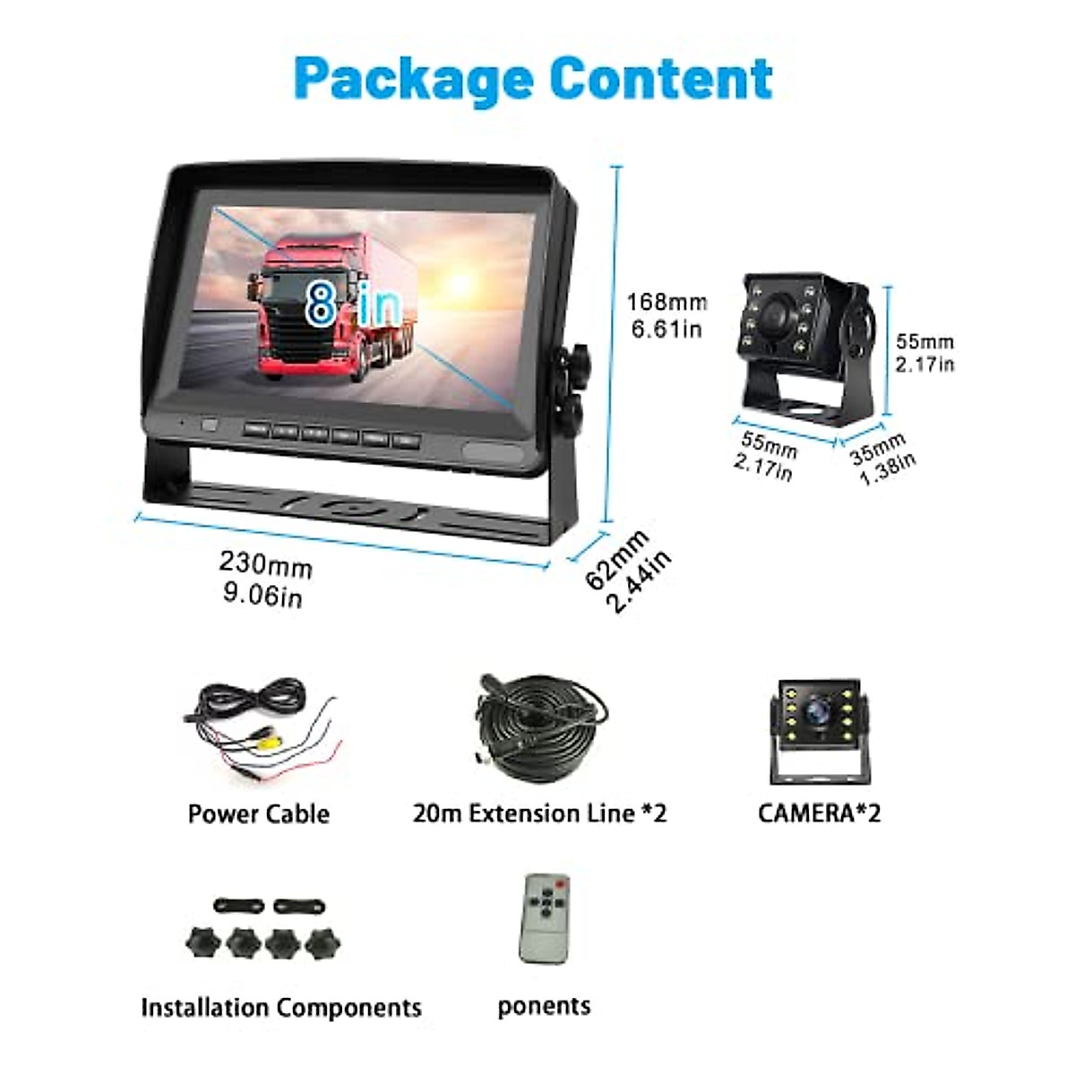 Dual Backup Camera System 8 Inch Monitor with 65FT Video Cable, AHD 1080P Night Vision Waterproof Rear View Cam for Truck/Trailer/Semi-Trailer/Box Truck/RV/Pickup Truck 12-24V