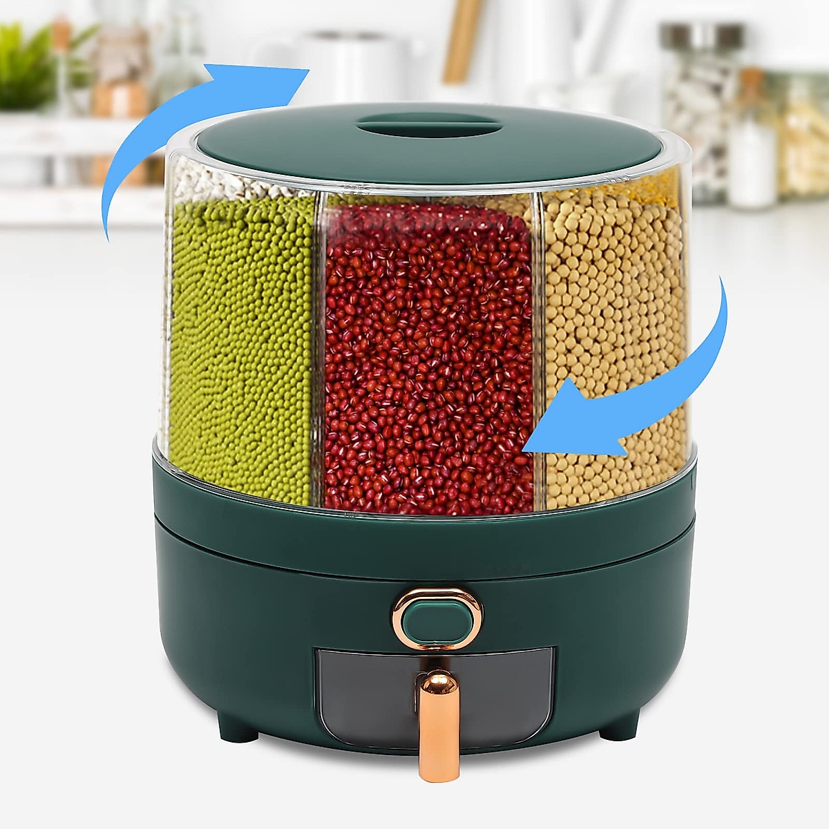 BANLICALI 6 Grid Rice Dispenser, 360° Rotating Dry Rice Dispenser PET PP Kitchen Grain Storage Container with Anti-slip Pads for Store Rice and Beans Green+Clear (Medium)