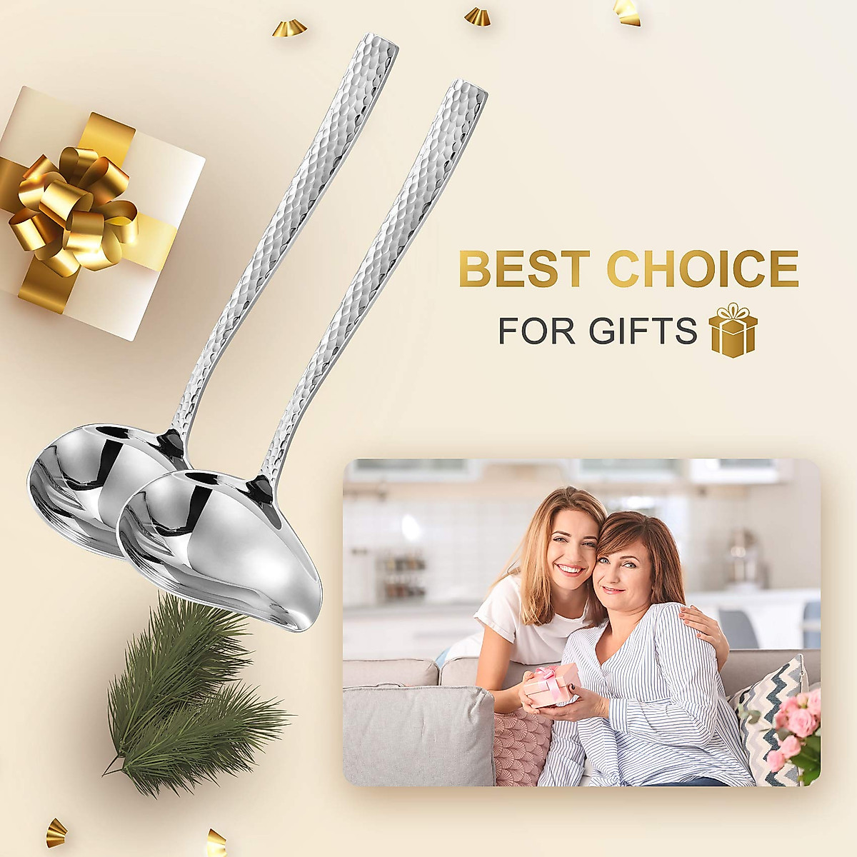 KEAWELL Louis Hammered 18/10 Stainless Steel Sauce Ladle With Pouring Spout, Great small sauce spoon for gravies and dressings, 7.4 Inch, Dishwasher Safe (2)