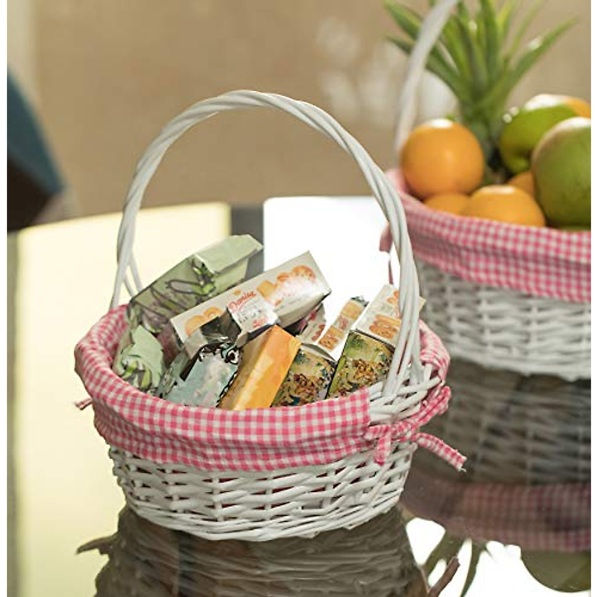 White Round Willow Gift Basket, with Pink Gingham Liner and Handle- Small