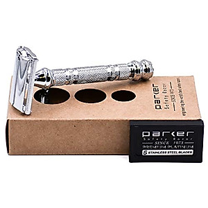 Parker 66R Twist-to-Open Double Edge Safety Razor with 5 Parker Platinum Blade Refills for Smooth and Close Shaves