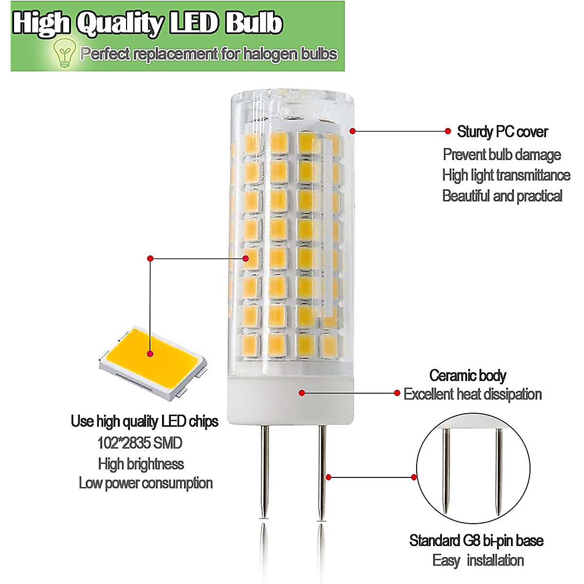 G8 LED Bulb Dimmable 7W Equivalent to G8 Halogen Bulb 75W-80W, GY8.6 /G8 Bi-Pin Base Light Bulb AC 120V G8 Bulb for Under Cabinet Light, Under Counter Kitchen Lighting Warm White 3000K 5 Pack
