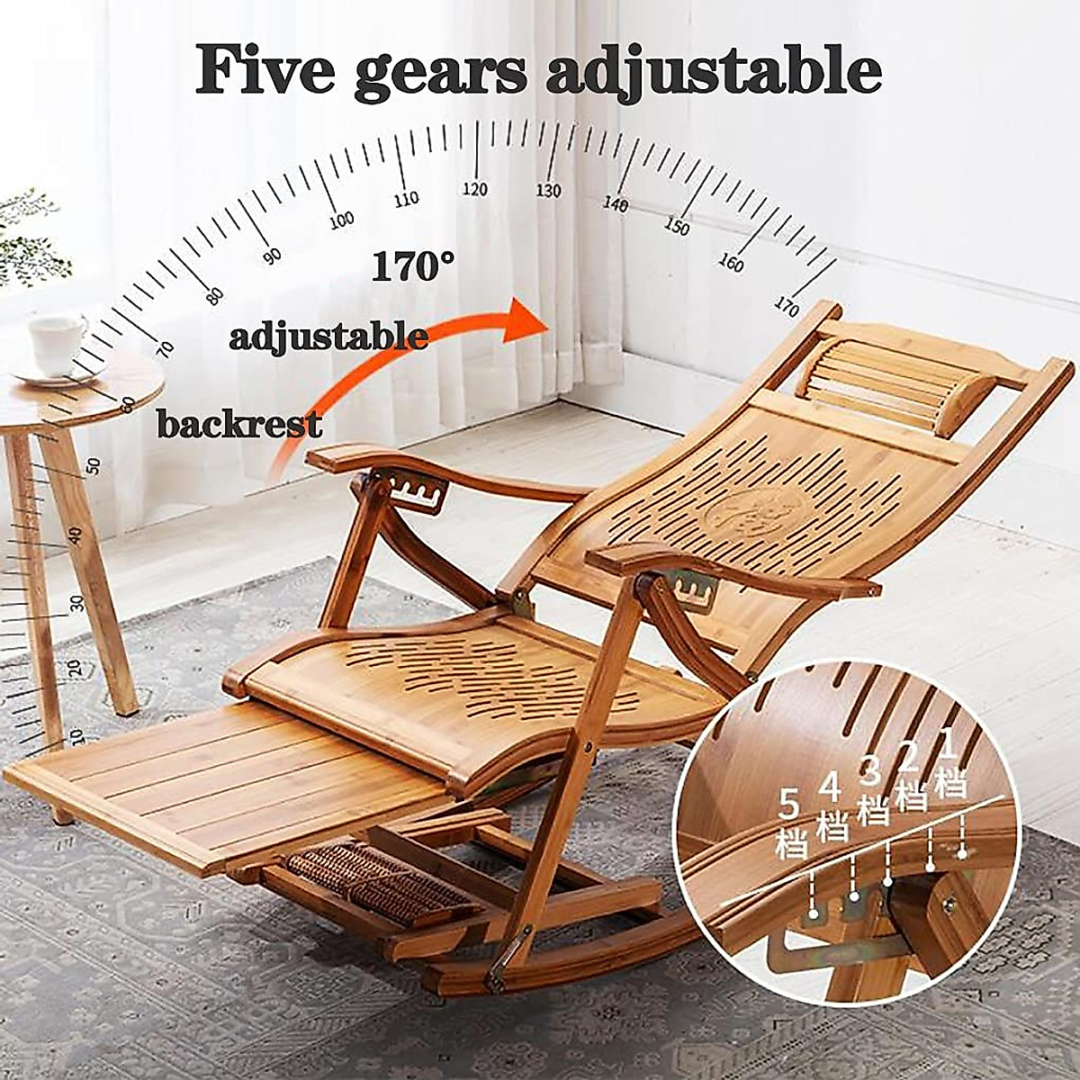 Bamboo Recliners Patio Rocking Chairs Ergonomic Garden Deck Chairs for Elderly,Wooden Foldable Recliner Comfort Zero Gravity Chair Loungers Deck Chair Garden Chair