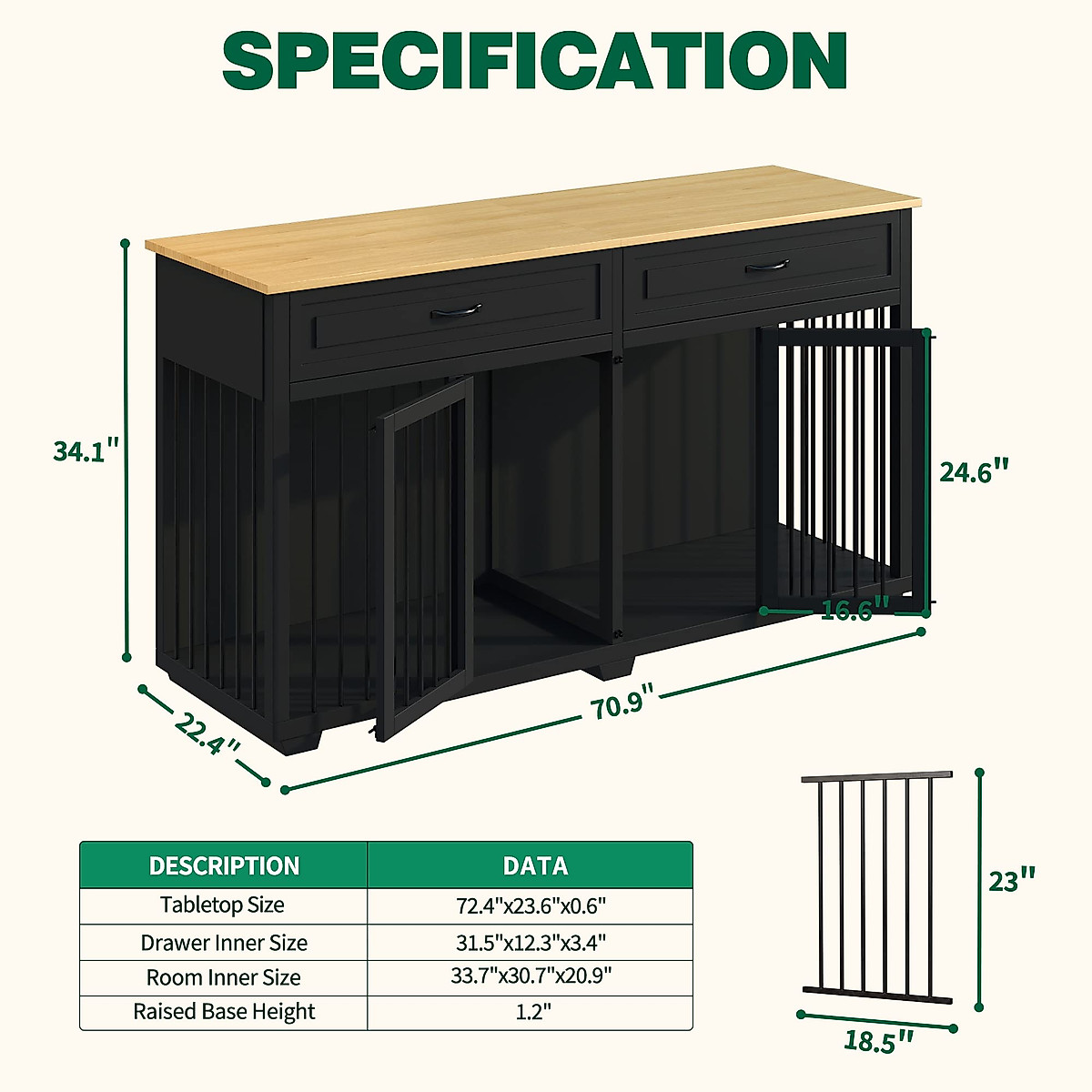 Lovinouse Large Double Dog Crate Furniture, 72.4" Wooden Dog Crate Kennel with 2 Drawers and Divider, XXL Dog Crates Furniture for Large Dog or 2 Medium Dogs Indoor, Black+Natural Tabletop