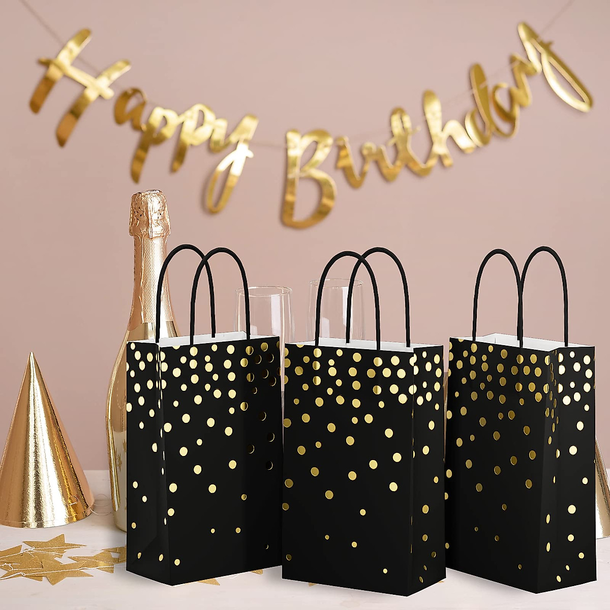 ECOHOLA Black and Gold Foil Paper Gift Bags with Black Handles, 25 Pieces Metallic Gold Foil Polka Dot for Presents, Retails, Christmas or New Year Party Favors, 9"x5.5"x3.2