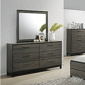 Roundhill Furniture Ioana 187 Antique Grey Finish Wood Bed Room Set, Queen Size Bed, Dresser, Mirror, Night Stand, Chest