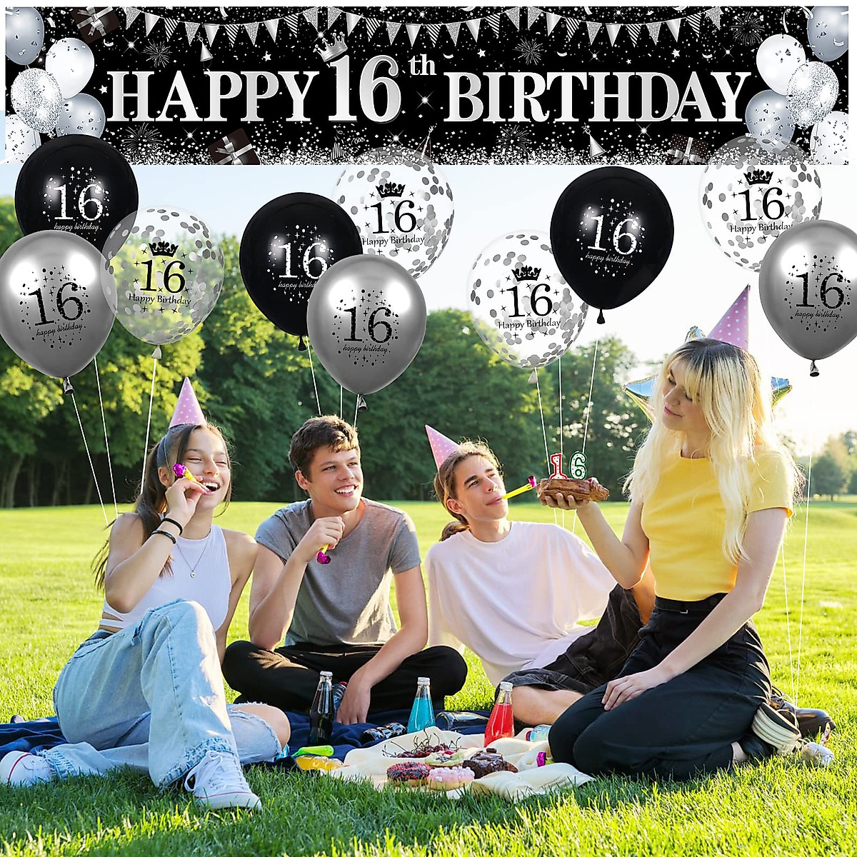 Black Silver Happy 16th Birthday Decorations Black Silver Happy 16th Birthday Banner Yard Sign and 18Pcs Black Silver 16th Birthday Balloons for Boys Girls Birthday Anniversary Party Decor Supplies