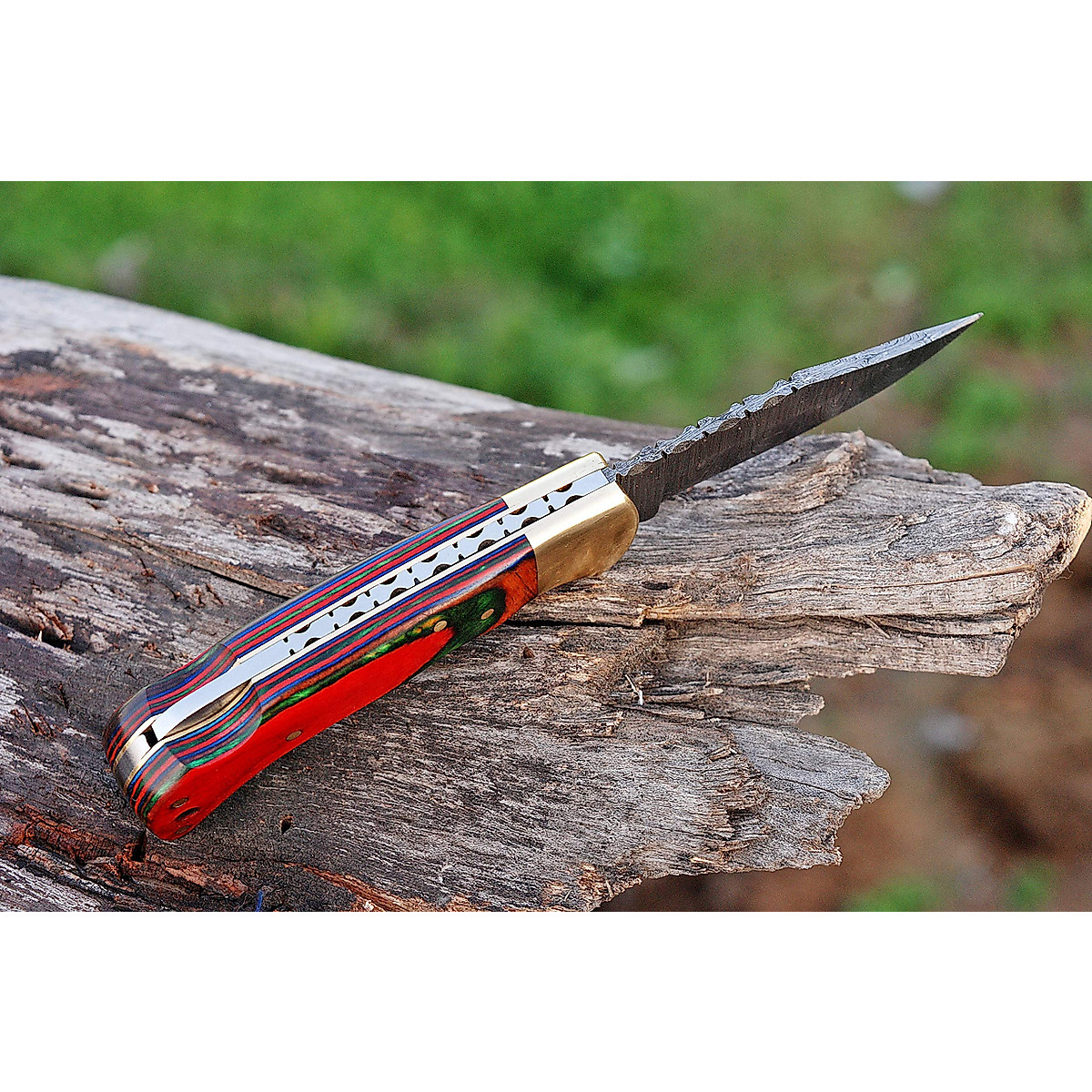 Handmade Damascus Steel Pocket Knife & Knife Sharpener - Damascus Folding Knife - Pocket Knife for Men, EDC Knife & Hunting Knife with Back Lock & Beautiful Pakka Wood Handle with Leather Knife Sheath