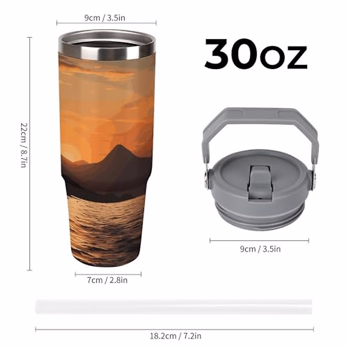 Mountain And Water at Sunset 30oz Stainless Steel Insulated Tumbler with Straw & Foldable Handle - Leakproof, Double-Wall Vacuum Travel Thermos for Hot/Cold Drinks, Non-Slip Base, Fit Cup Holders