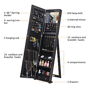 Savins gt1-DL 79 Blue Led Jewelry Cabinet, Jewelry Storage Cabinet, Upright Jewelry Cabinet With Long Mirror（Black）