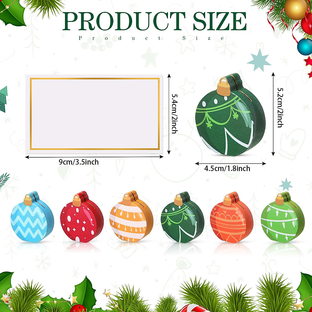 18 Pcs Christmas Wooden Place Card Holders with Name Card Mini Santa Claus Snowman Christmas Tree Christmas Ball Name Card Photo Picture Stand Holder for Winter Christmas Party(Christmas Ball)