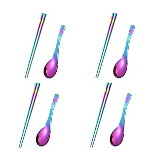 Chinese Metal Soup Spoons and Chopsticks Set for 4 People, Reusable Stainless Steel Ramen Short Handle Spoon Set Asian, Christmas Gift Dishwasher Safe (Rainbow)