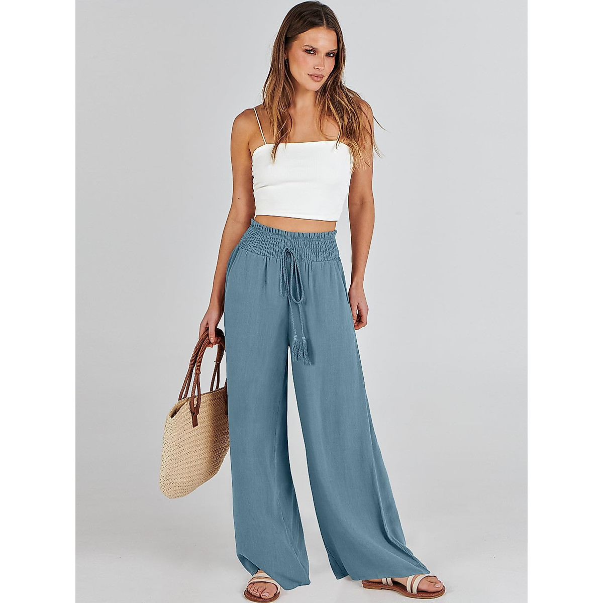 ANRABESS Women's Linen Pants Summer Casual Palazzo Beach Pant Drawstring High Waist Wide Leg Trousers Vacation Outfits Small Lake Blue